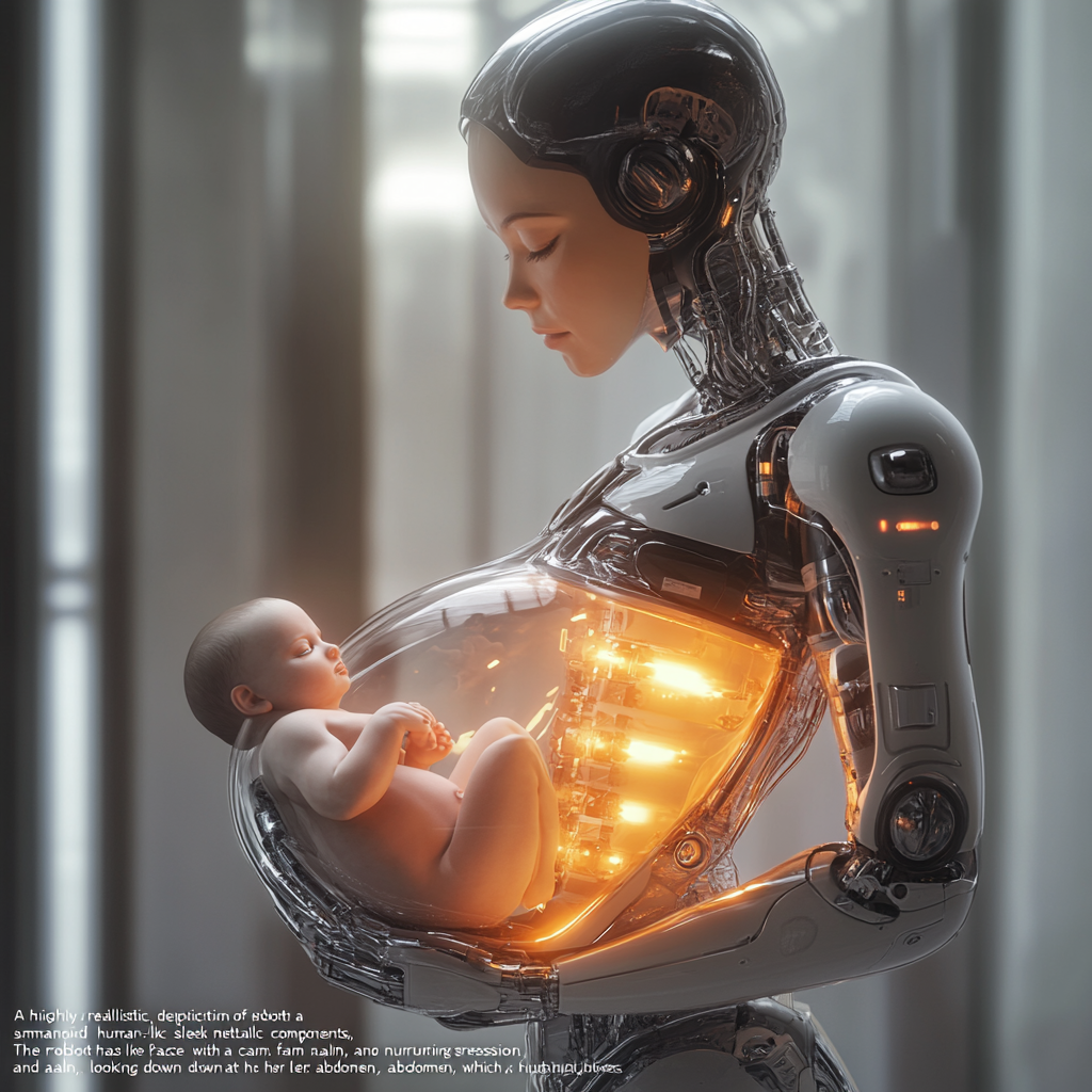 “A highly realistic, futuristic depiction of a female humanoid robot ...