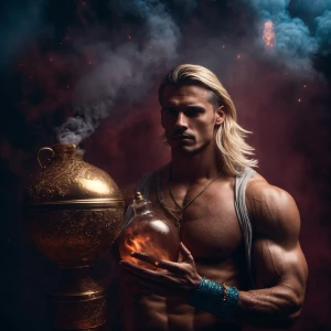 Generate an image of a muscular, masculine blonde genie with a ...