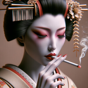 Japanese geisha in traditional makeup smoking a cigarette in a kimono ...